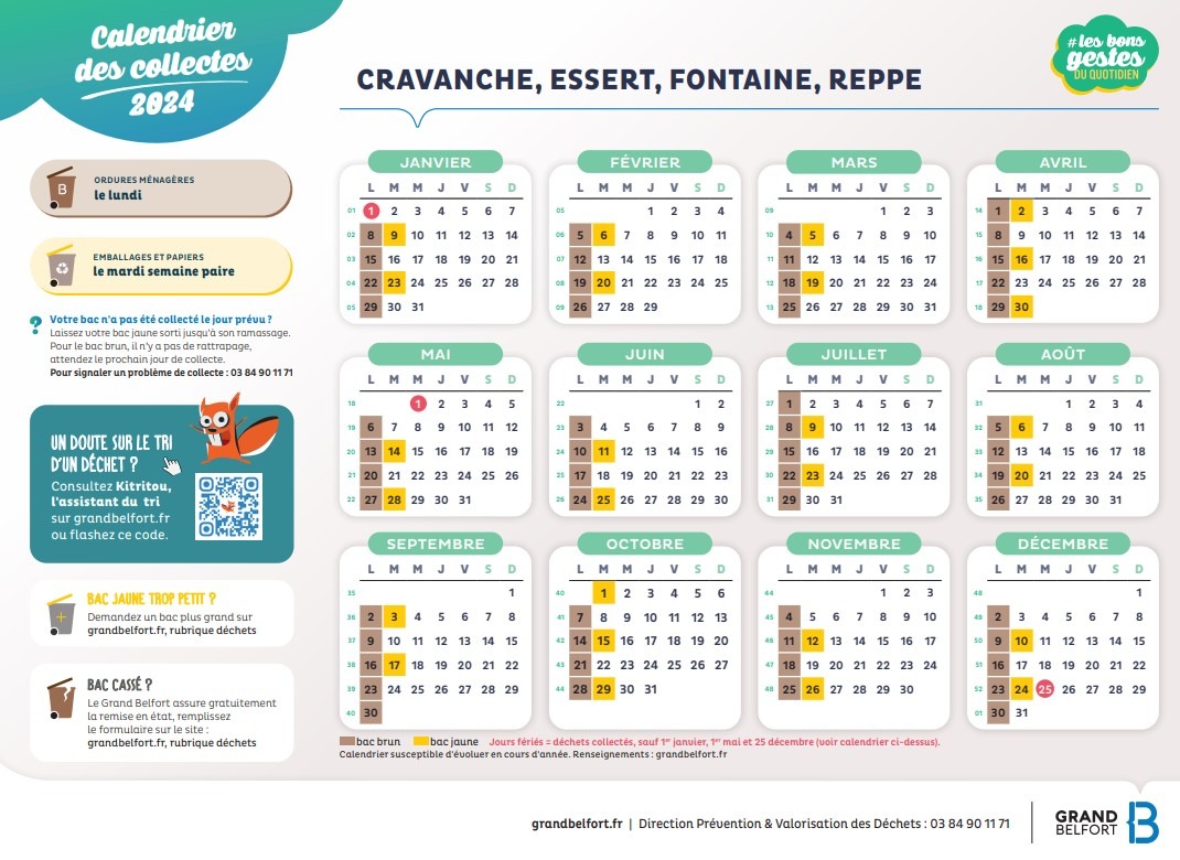 Collecte des bacs bruns et jaunes : calendrier 2024 – Mairie de Cravanche Collecte des bacs bruns et jaunes : calendrier 2024 – Mairie de Cravanche